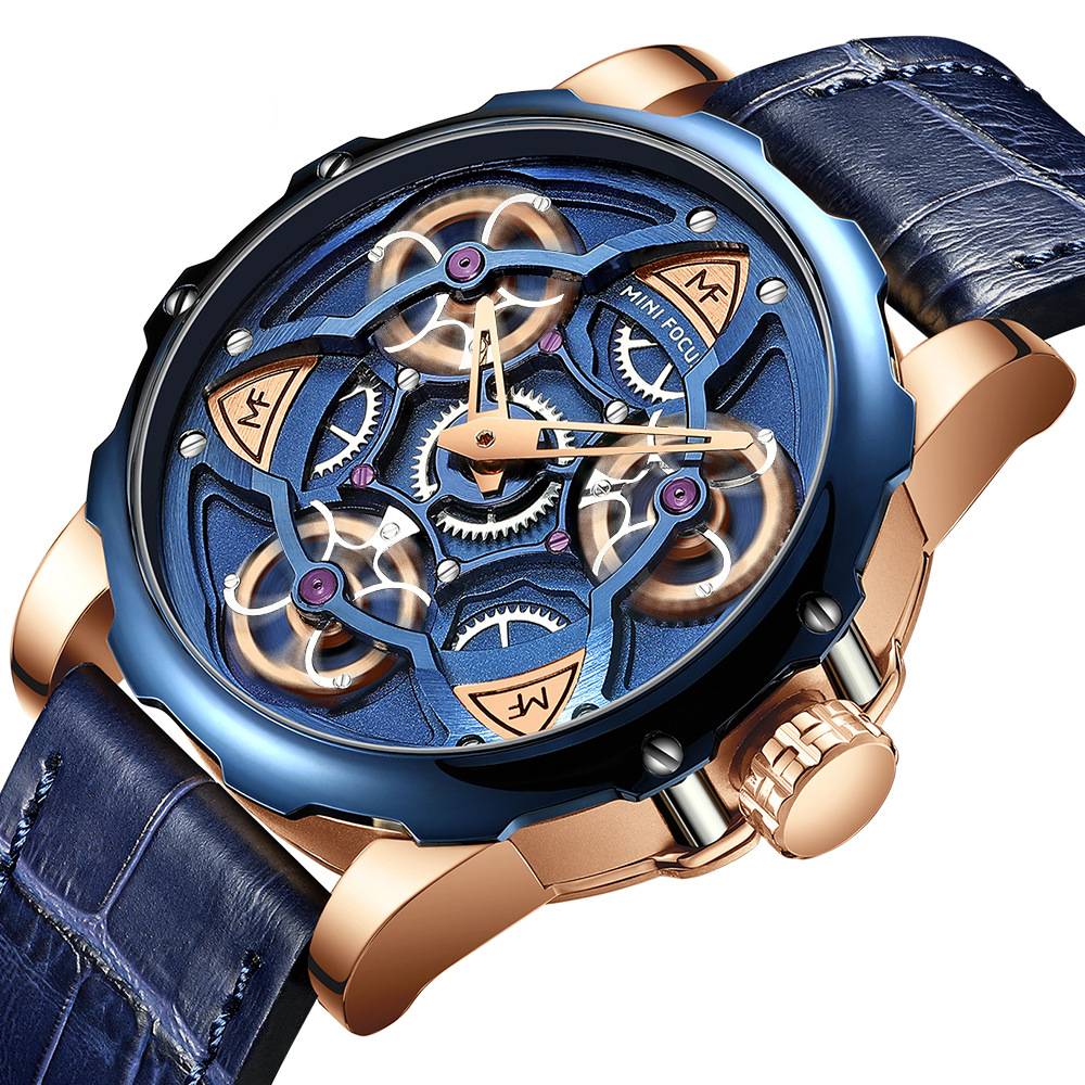 MINI FOCUS Mechanical gyro movement stereoscopic literal belt watch ...