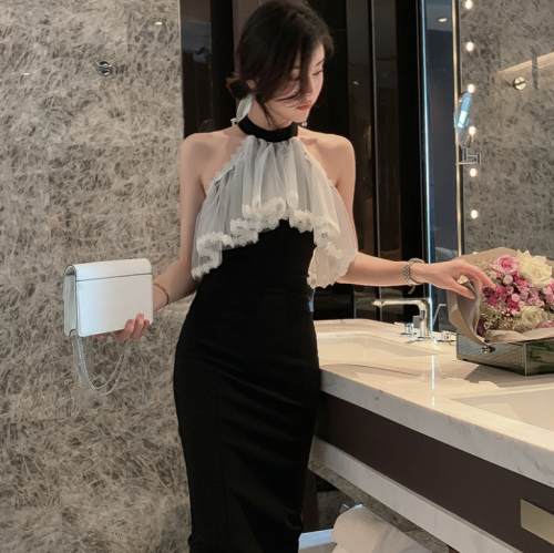 2021 Korean Summer Women's Fashion Strapless Ruffled Lace Mesh Dress ...