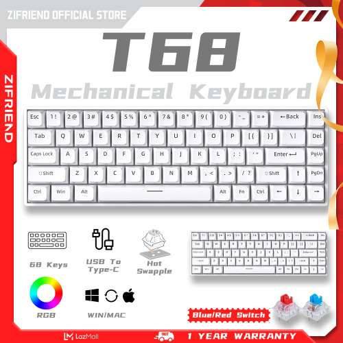 【จัดส่งภายใน 3 วัน】 ZIFRIEND T68 68Keys คีย์บอร์ดแบบกลไกแบบมีสายมินิ ...