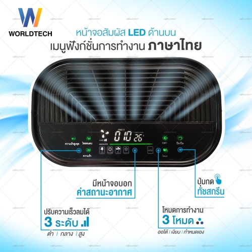 เครื่องฟอกอากาศ Worldtech รุ่น WT-P50 (สีขาว) กรอง กลิ่น ควัน ป้องกันฝุ่น PM 2.5 ได้ สำหรับห้อง ...